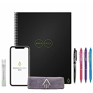 Rocketbook Smart Reusable Lined Eco-Friendly Notebook with 4 colored Pilot Frixion Pens, 1 Microfiber Cloth, & 1 Spay Bottle - Infinity Black Cover, Letter Size (8.5in x 11in)