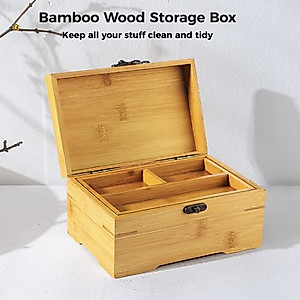 CDOKY Large Wooden Box with Hinged Lid, Bamboo Wood Multi-purpose Storage Box with Tray 2 Compartments, Natural Wood Organizer for Photos, Jewelry Home Office Decor, 7 x 5 x 4 in (Large)