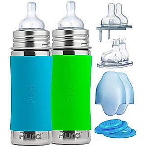 Pura Kiki Infant Baby Bottle Gift Set - BPA-Free, Stainless Steel, Anti-Colic, Silicone Starter Feeding for Breastmilk & Formula - Aqua & Green, 3-18 Months