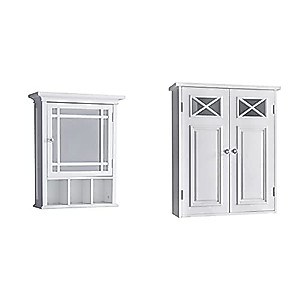 Elegant Home Fashions Neal Removable Wooden Medicine Cabinet with Mirrored Door, White & Dawson Removable Wooden Wall Cabinet with Cross Molding and 2 Doors, White