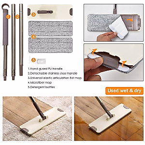 COSTWAY Flat Mop and Bucket Set with 2PCS Microfiber Pads, Hand-Free Wringing Squeeze Mop Separate Dirty Water from Clean Water for Wet and Dry Mopping on Hardwood, Laminate, Tile