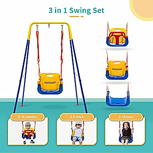 3-in-1 Toddler Swing, Swing Set with Foldable Metal Stand and Safety Belt, Baby Swings Outdoor & Indoor for Infants to Toddler, Baby Infant Swing for Swingset, Indoor Swing for Kids 6 Month+