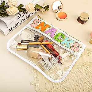 TOSOUATOP Makeup Bag With Glitter Chenille Letter, Clear Snack Letter Bag, Beach Bag, 【High-Capacity】, 【Woven Design】, 【Waterproof Material】, Travel Makeup Bag for Women/Girls，White-SNACKS