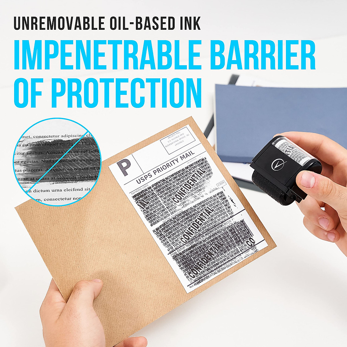 Wide Confidential Roller Stamp - Identity Protection Roller Stamps with Box Cutter and E-Book, Identity Theft Stamp, Confidential Stamp Roller for Privacy Protection Security Stamp Roller Kit - Black