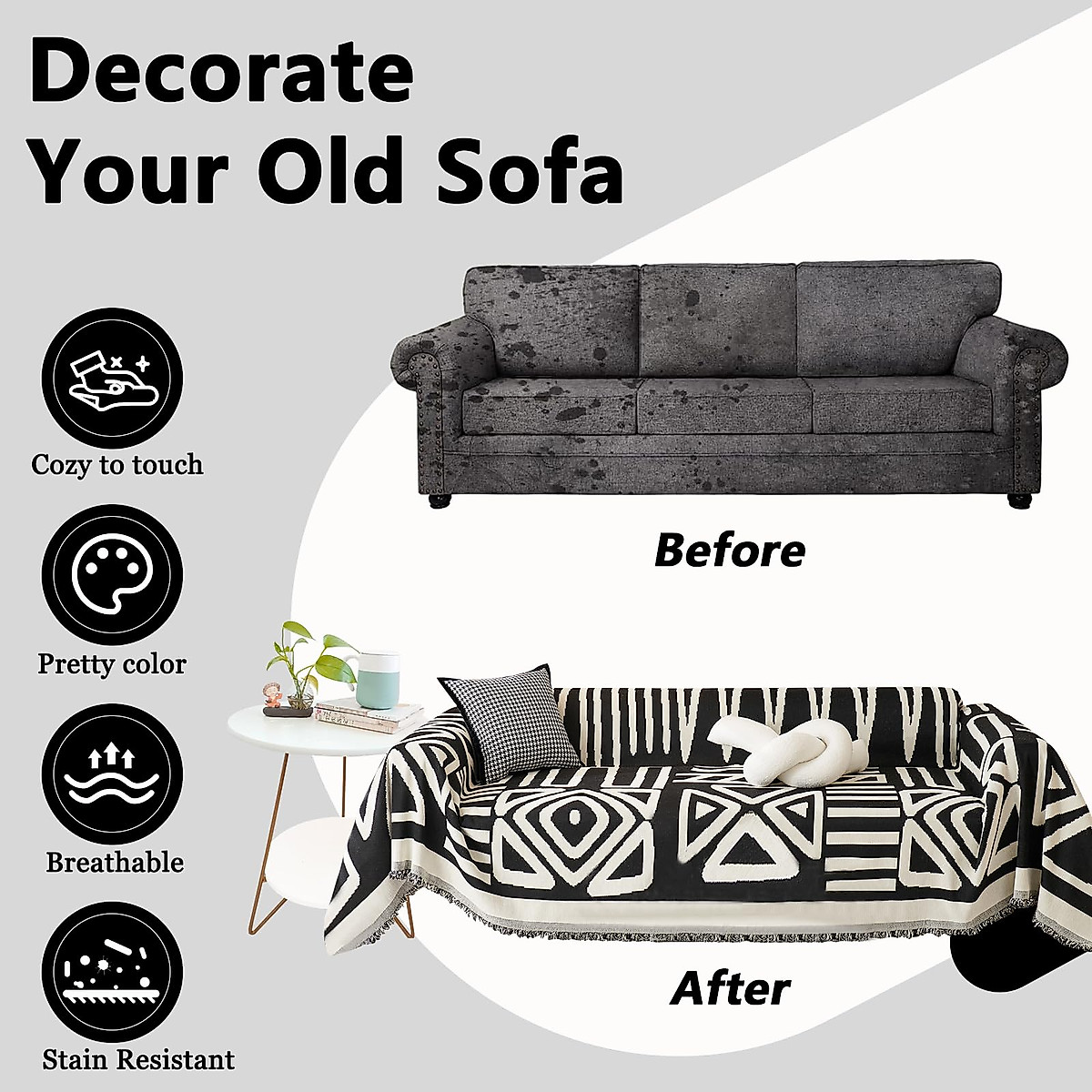 DREAMINGO Boho Sofa Covers for 3 Cushion Couch Chenille Couch Cover for Dogs Geometric Jacquard Sofa Slipcover Living Room Pet Furniture Protector Washable Sectional Couch Covers, 71"x150", Black