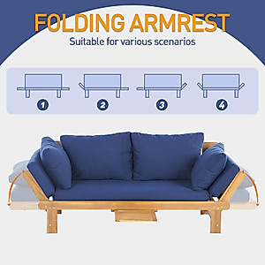 PayLessHere Outdoor Couch Patio Couch Daybed with Adjustable Armrest, Wooden Loveseat with Cushion and Pillow, and Expandable Plate