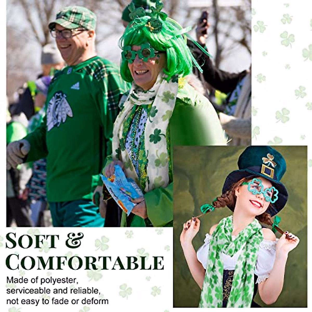 4 Pcs St. Patrick's Day Scarf Set Irish Green Hat Hair Clip Clover Shamrock Scarf for Women Accessories