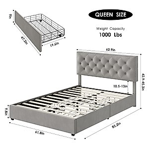 HOSTACK Queen Size Bed Frame with 4 Storage Drawers, Modern Upholstered Platform Bed with Adjustable Headboard,Button Tufted Bed Frame with Wood Slat Support,No Box Spring Needed(Grey, Queen)