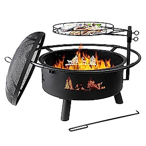 Fire Pits for Outside, Wood, Bonfire Pit, 30 Inch Round Cast Iron Fire Pit with Grill for Patio, Backyard with Spark Screen, Fire Poker and Metal Grate, Forest Cutout Pattern