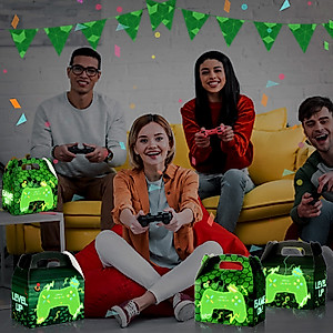 24 Pcs Glow in the Dark Video Game Party Boxes Neon Light up Game Theme Party Supplies Favors Candy Goodies Boxes with Handle for Kids Birthday Party Christmas Decor Baby Shower Treat Boxes(Green)