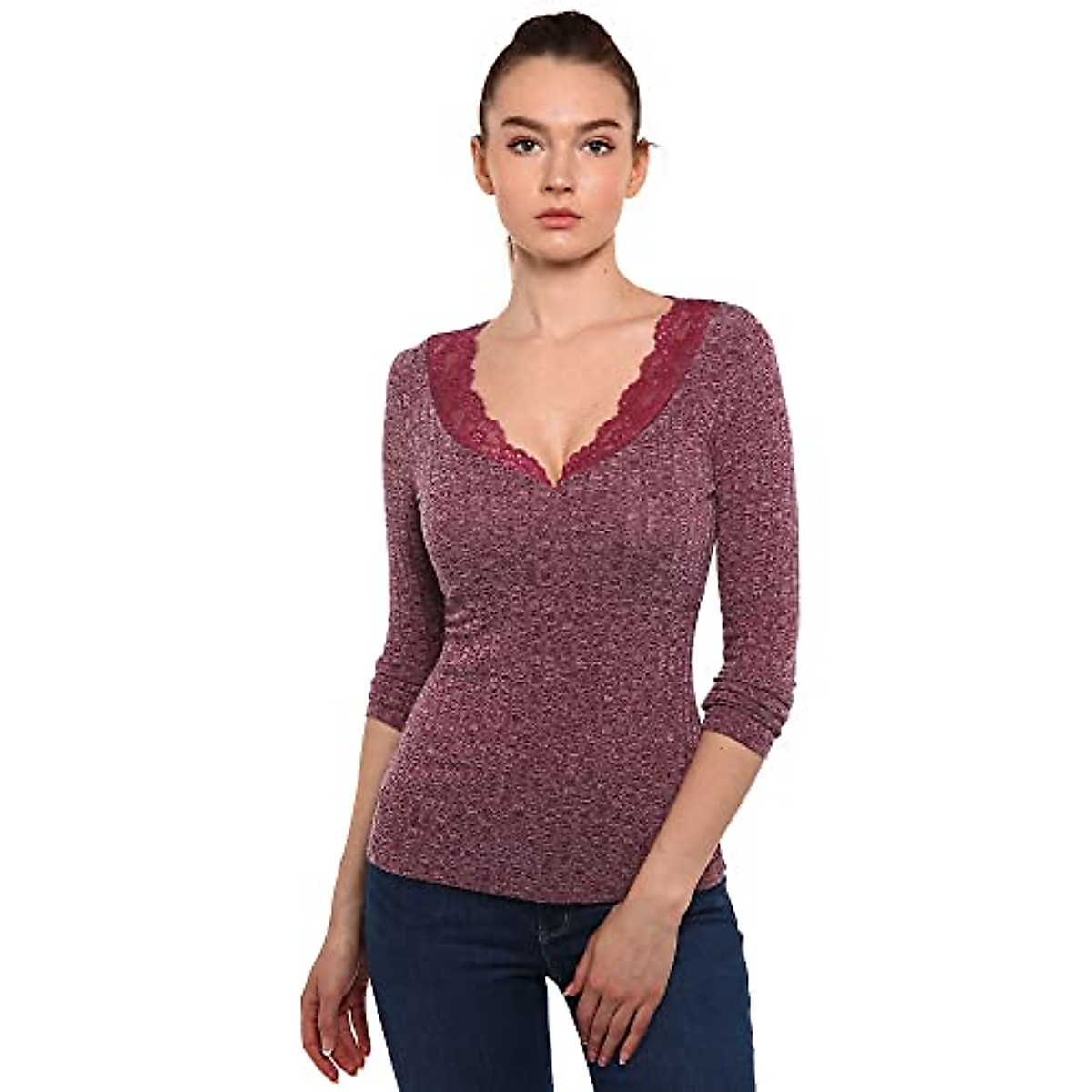 AmélieBoutik Women Lace Trim V Neck Faux Wrap Empire Waist Ribbed Long Sleeve Knit Top (Burgundy Large)