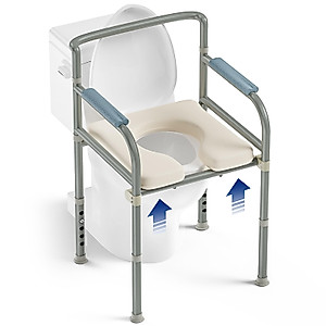 Pipleo Raised Toilet Seat with Handles - Cozy Padded Toilet Seat Risers for Seniors, Handicap - Multi-use as Bedside Commode, Shower Chair and Safety Frame, Adjustable Height, 330lbs Capacity (Grey)