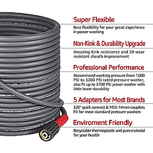 YAMATIC Super Flexible Pressure Washer Hose 50FT X 1/4", Kink Resistant Real 3200 PSI Heavy Duty Power Washer Extension Replacement Hose With M22-14mm x 3/8" Quick Connect Kit For Gas & Electric, Grey