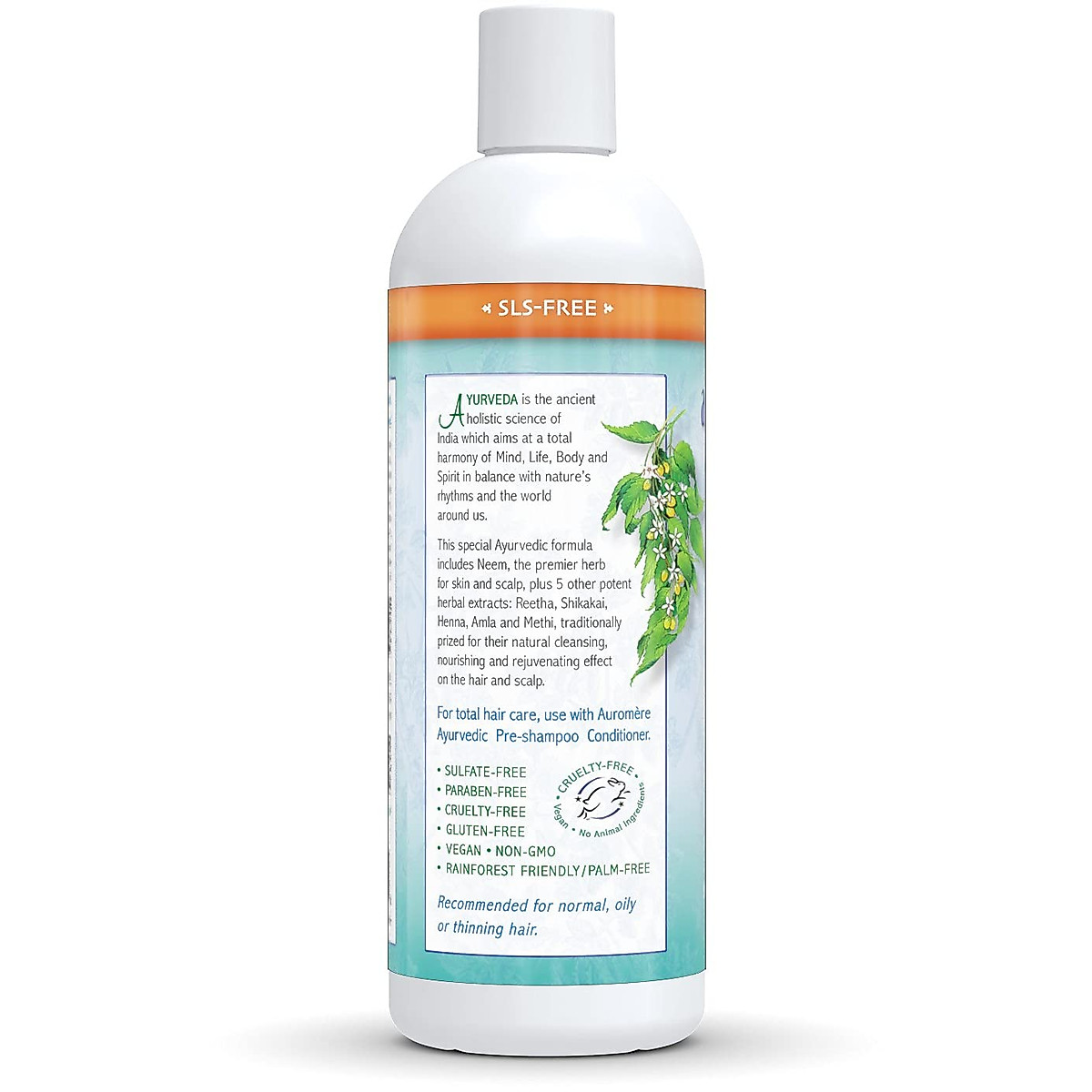 Auromere Ayurvedic Shampoo, Neem + 5 - Vegan, Cruelty Free, Non-GMO, Natural, Gluten Free, Sulfate Free, Paraben Free for Normal to Oily Hair (16 fl oz), 1 Pack