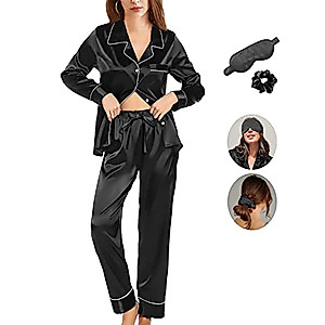 WJing Yi Jia Womens Pajama Set Silk Satin Pajamas Long 2pc Pjs Button Down Sleepwear Pj Set Loungewear White