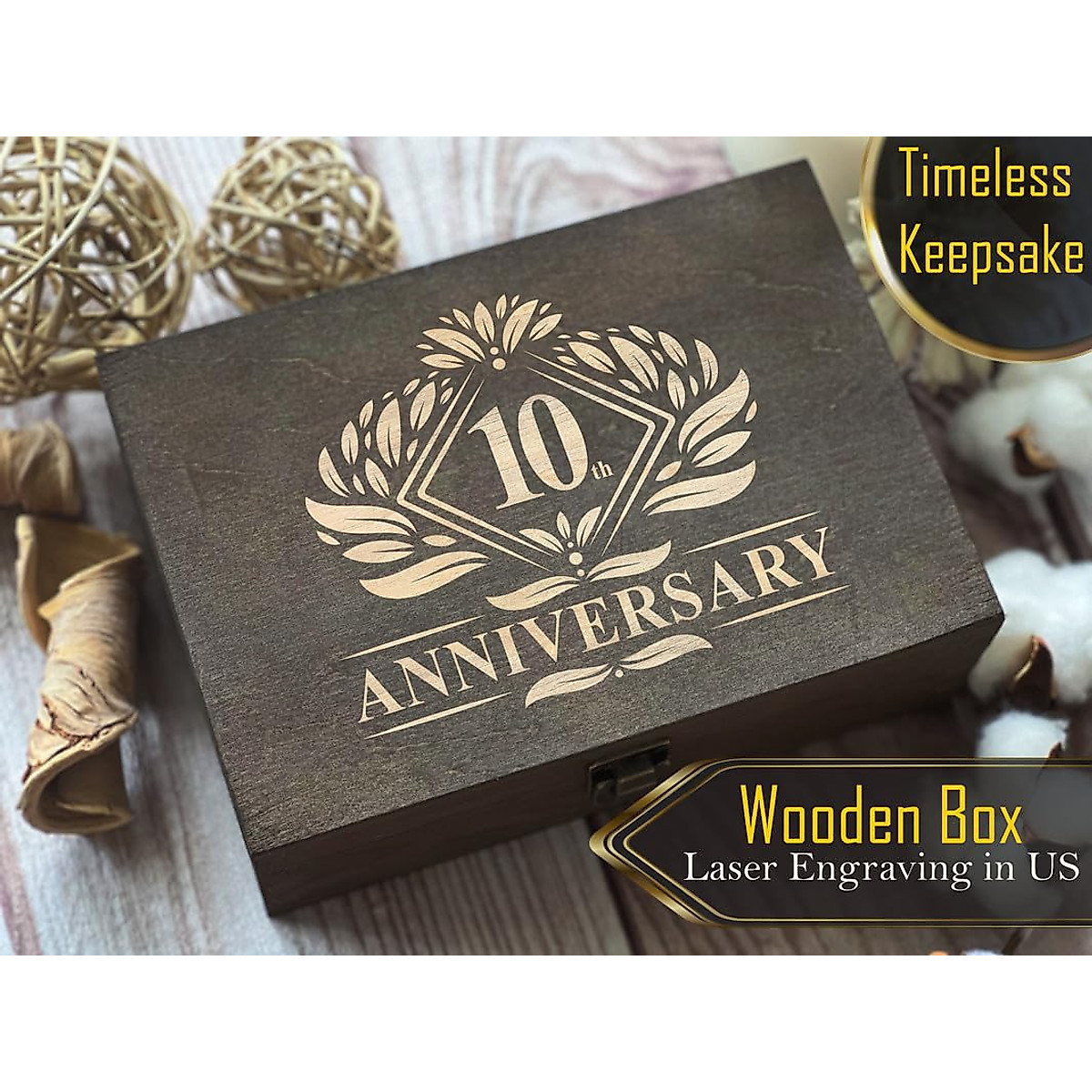 10th Anniversary Commemorative Wooden Box - Engraved Decade Milestone, Perfect for Couples