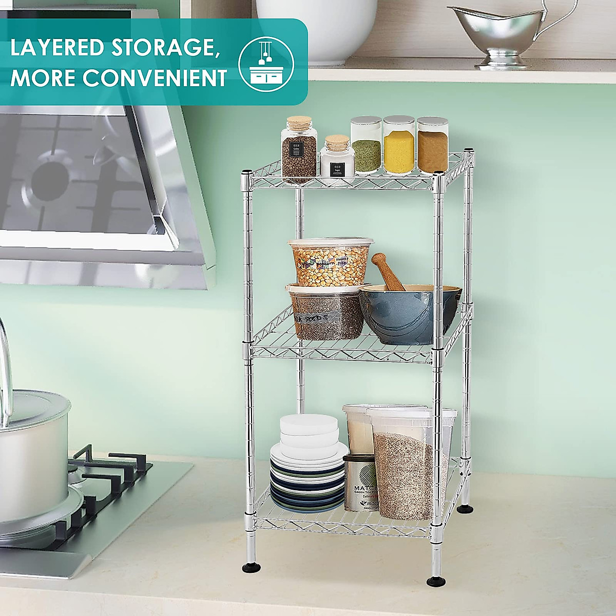 ANTSKU 3-Tier Adjustable Shelving Unit, Metal Wire Rack with Leveling Feet, Standing Storage Shelf for Laundry, Bathroom, Kitchen, Pantry, Closet (12" D x 12" W x 23.5" H, Chrome)