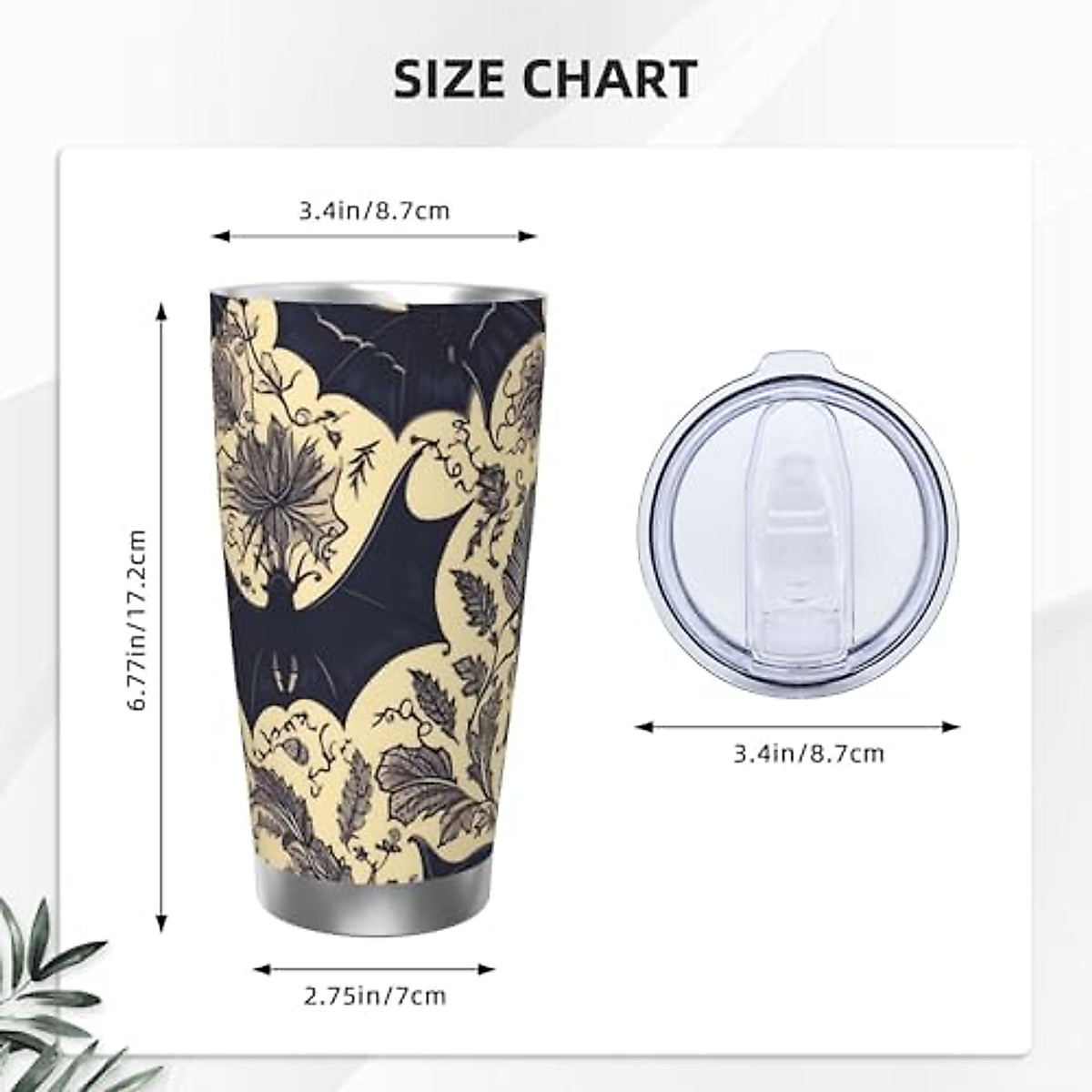 Bat Print Tumbler with Lid and Straw 20oz Stainless Steel Car Cup for Hot and Cold Drinks, Double Wall Insulated Travel Coffee Mug Reusable Drink Thermos Cup Birthday Gifts