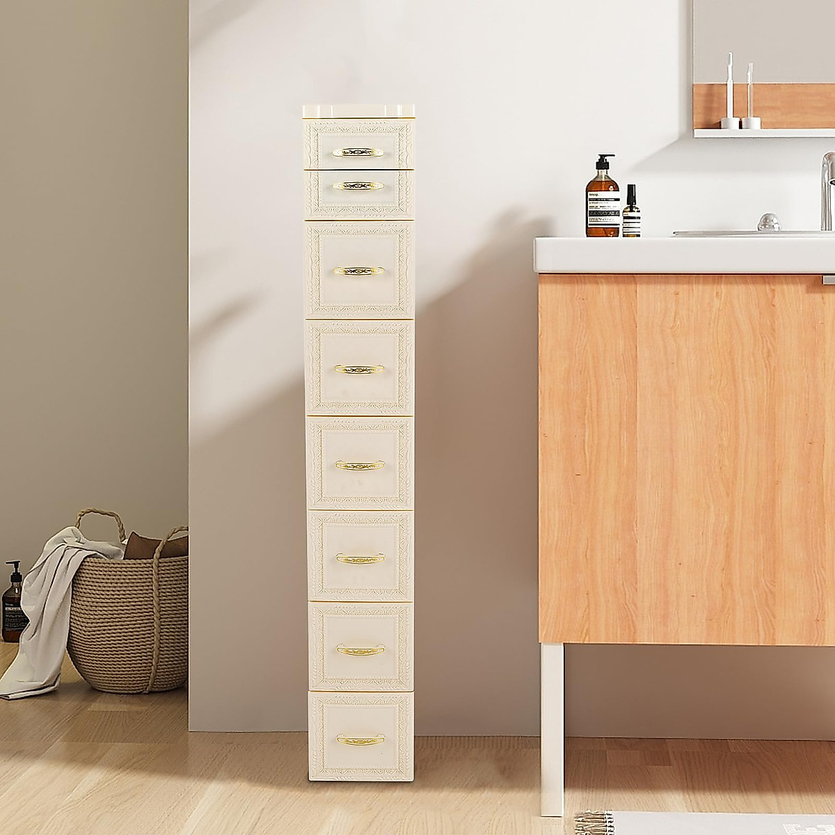 PIOJNYEN 7Tier Bathroom Floor Cabinet, Vertical Storage Unit with Drawers and Casters, Large Capacity Storage Tower Waterproof Toilet Paper Storage Cabinet for Small Spaces Gaps