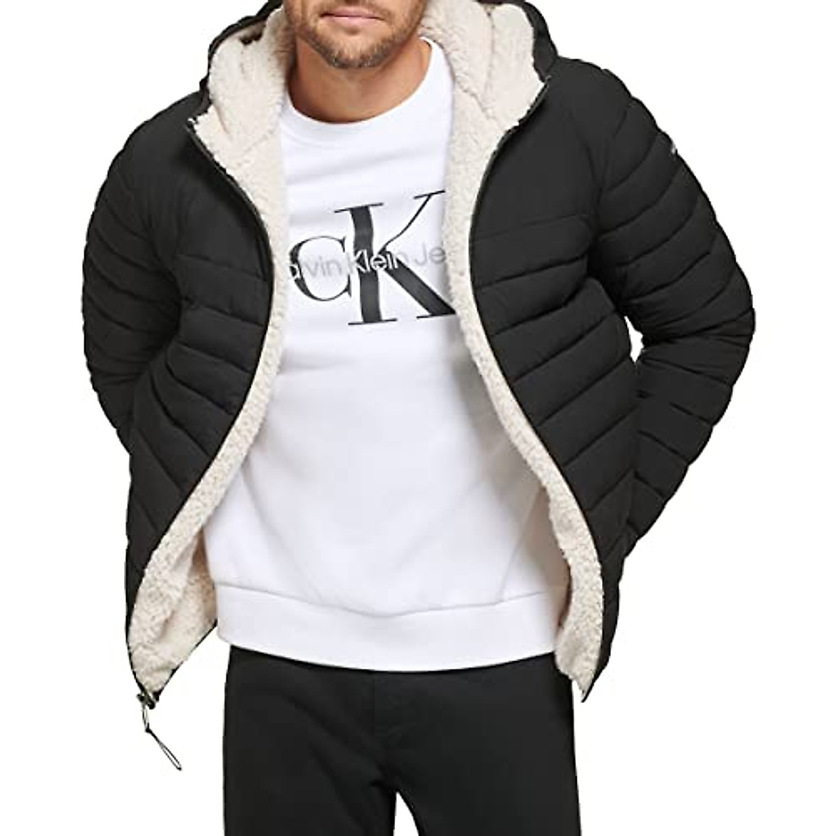 Calvin Klein Men's Hooded Down Jacket Quilted Coat Sherpa Lined, Black Stretch, Medium