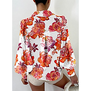 EVALESS Womens Tops Long Sleeve Shirt Cute Print Blouses for Women Fashion 2025 Red Button Down Shirt for Women Dressy Casual Boho Clothes Outfits for Holiday Sexy V Neck Tops for Spring Fall,Small