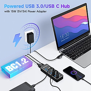 Powered UBS Hub, RSHTECH 7 Port USB 3.0/USB C Hub Upgraded Version Aluminum USB Hub with 2-in-1 USB Cable,5V 3A Power Adapter and Individual Switches, USB Port Expander Hub for Laptop and PC, RSH-ST07