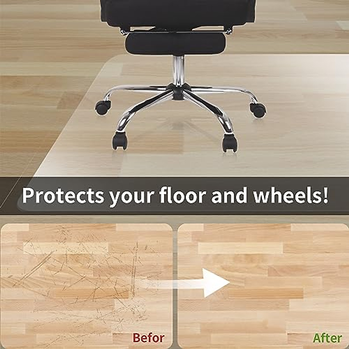 Office Chair Mat for Hardwood Floor, 63"x51" Clear Office Home Floor Protector Mat, Anti-Slip Desk Chair Mat, Rolling Chair Mat for Office, Home, Gaming Easy Glide