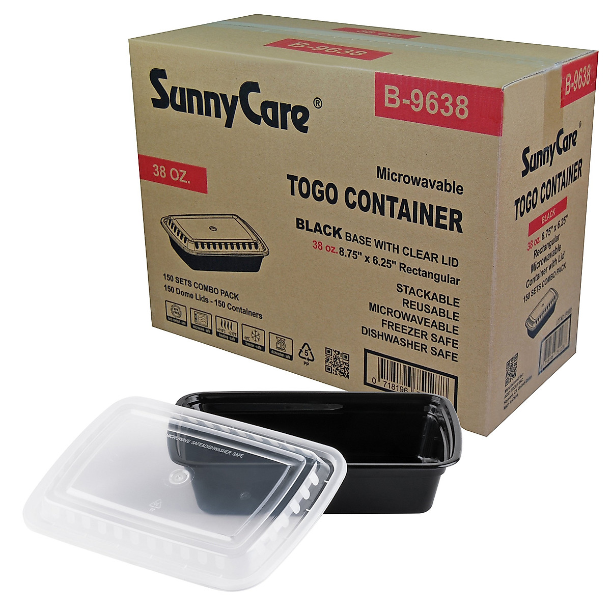 SunnyCare #B9638 Black 38 oz. Rectangular Microwavable Container with Lid - 150 / Cs