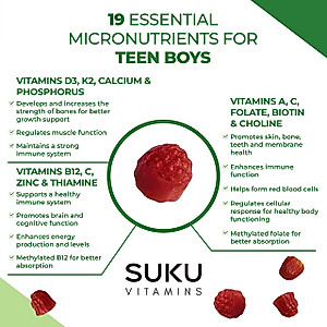 SUKU Vitamins Teen Boy Multivitamin – Sugar Free Vegetarian Gummy Supplement for Teen Boys 19 Essential Nutrients Strengthens Bones Muscles Enhances Energy Health – Blueberry Grape Flavor (60 Count)