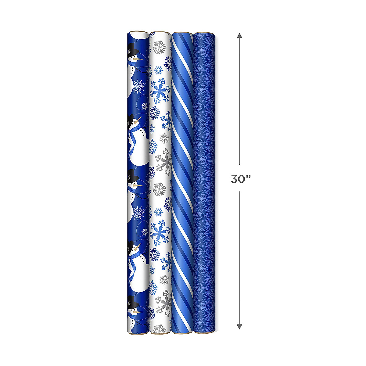 Image Arts Blue Christmas Wrapping Paper with Cut Lines on Reverse (4 Rolls: 120 sq. ft. ttl) Snowmen, Snowflakes, Blue and White Stripes