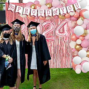 Pawliss 2024 Graduation Decorations Set 95pcs - Includes Pink White Balloons, Graduation Party Photo Props, So Proud of You Banner, Foil Curtain, Tissue Tassels for College High School Party Supplies