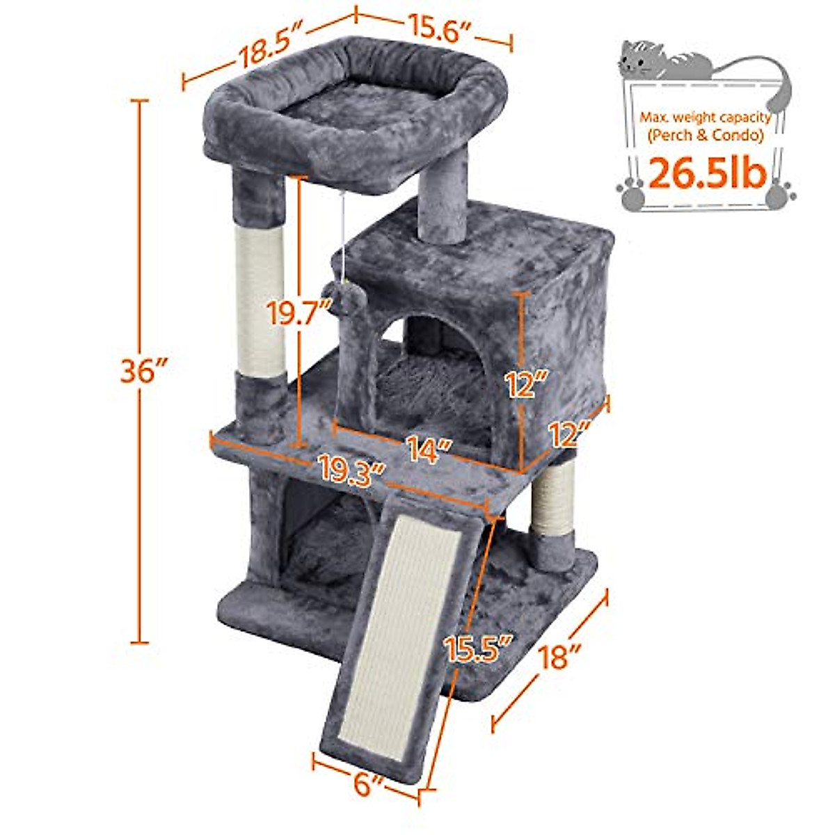 Yaheetech 36in Cat Tree Cat Tower Cat Condo Play House Climber Stand Furniture w/Scratching Post, Plush Perch, Dangling Ball, Two Condo and Ramp, Suit for Kittens, Cats and Pet