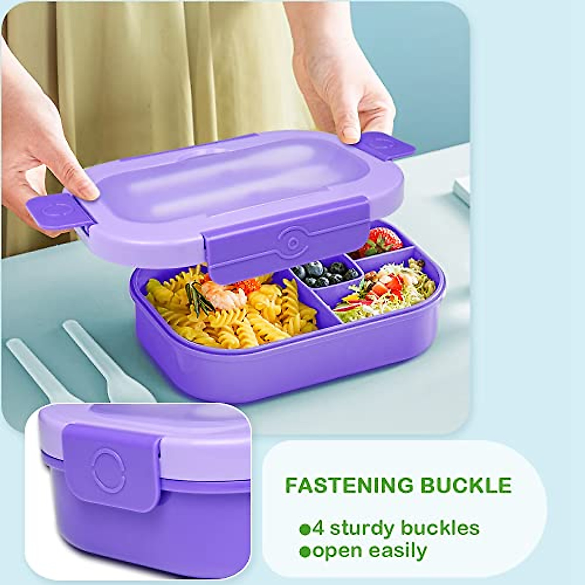 HONZUEN Bento Lunch Box, 4-Compartment Lunch Salad Container, Lunch Box Kit with Spoon and Fork, Microwave Safe Meal Prep Containers for Sandwich, Pasta, Fruit, Travel (Purple)