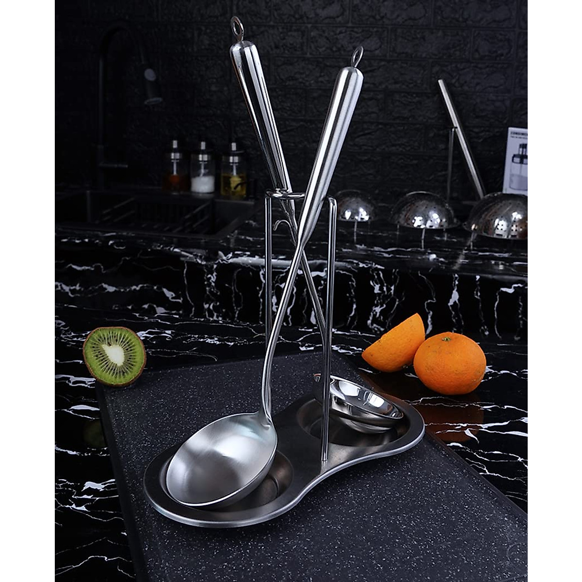 Anller Stainless Steel Standing Spoon Rest with two resting Dishes, Double Spoon Racks, Upright Ladle Holder, Silver