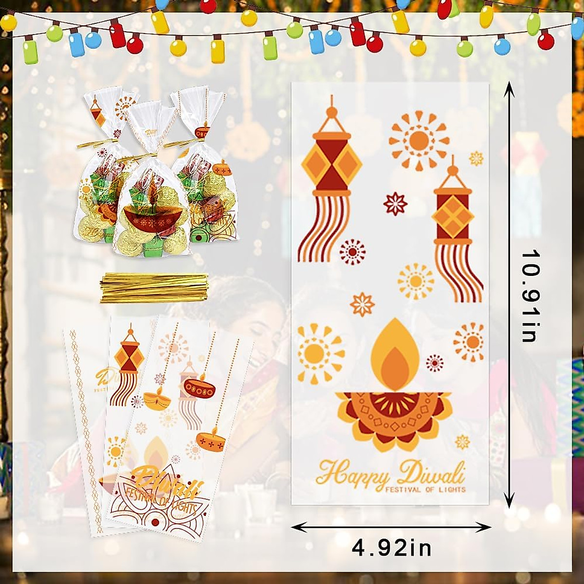 120 Pieces Diwali Cellophane Bags with Twist Ties, Deepavali Candle Cello Treat Bags Indian Holiday Candle Bag Festival of Lights Treat Bags for Cookie Candy Goodies Wrapping Supplies