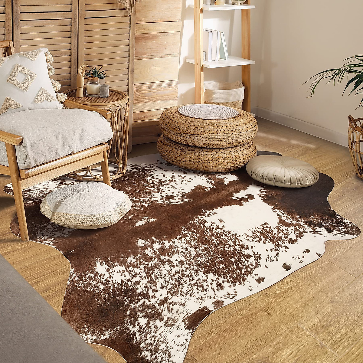 Chicrug Exquisite Faux Fur Cowhide Rug, 4.6 x 5.2 Feet Cow Hide Western Room Decor Rug for Living Room Bedroom, Non Slip Cute Cow Animal Print Floor Carpet for Kids Family, White and Brown