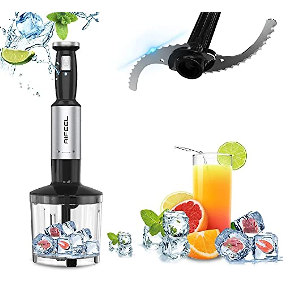 AIFEEL Immersion Hand Blender,Handheld Stick Blender with Ice Chopper,Stainless Steel Whisk and Milk Frother for Smoothie, Baby Food, Sauces,Puree, Soup,Milk coffee