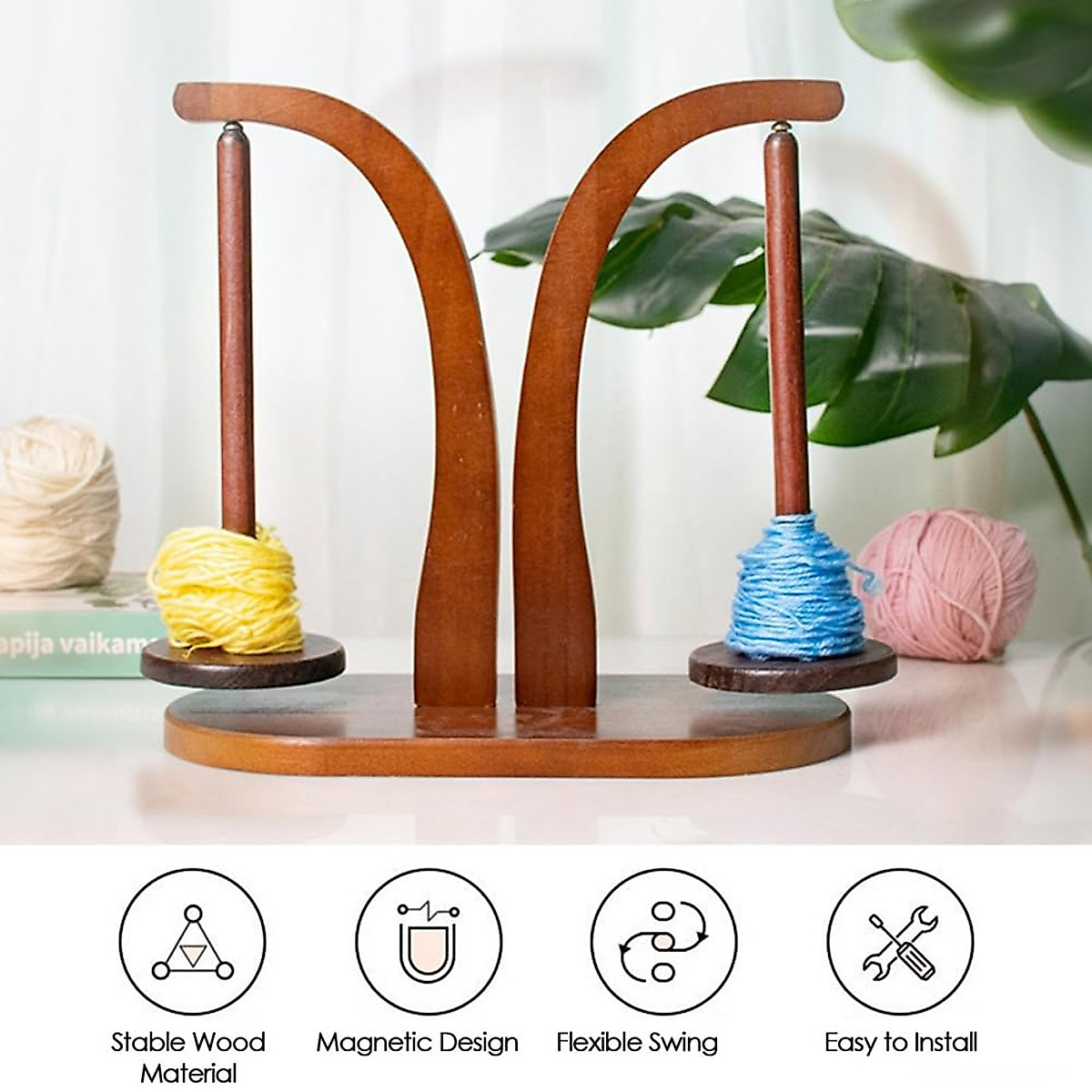 Nuhikap Yarn Holder, Magnetic Yarn Ball Holder, Double Yarn Spindle,Rotating Wooden Sewing Tool for Knitting, DIY Crafts
