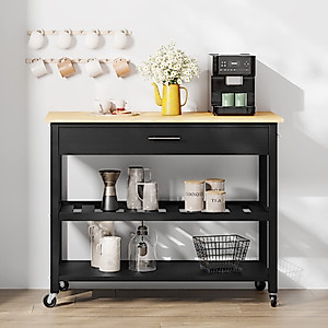 Shintenchi Kitchen Island Cart with Storage,Rolling Kitchen Island Side Table on Wheels with Large Worktop,Storage Cabinet,Towel Rack,Drawers and Open Shelves for Kitchen,Dinning Room,Black
