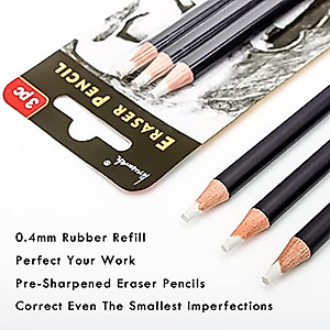 Professional Eraser Pencils Set - Brusarth 3pc Erasing Small Details or add Highlights for Sketching Pencils, Colored Pencils, Charcoal Drawings. Fine Detail Eraser for Beginners & Artists