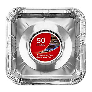 Disposable Gas Burner Liners (50 Pack) Aluminum Foil Square Gas Stove Burner Covers - 8.5 Inch Gas Range Protector, Stove Top Covers for Gas Burners, Foil Liners to Catch Oil, Grease, and Food Spills