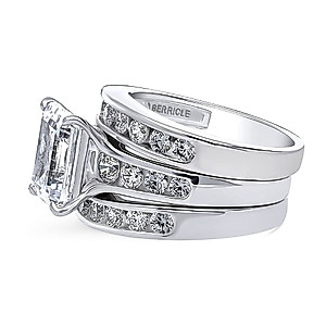BERRICLE Sterling Silver Solitaire Wedding Engagement Rings 3.8 Carat Emerald Cut Cubic Zirconia CZ Statement Ring Set for Women, Rhodium Plated Size 7