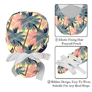 Tropical Palm Coconut Tree Pattern Working Caps with Buttons, Long Hair Scrub Hats Ponytail Holder for Women