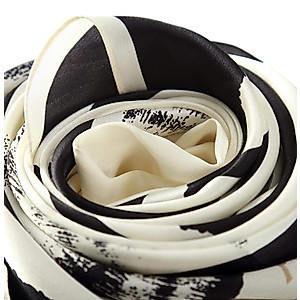 YangtzeStore Long Charmeuse Silk Scarf Floral and Graphic Print (Black White Abstract)