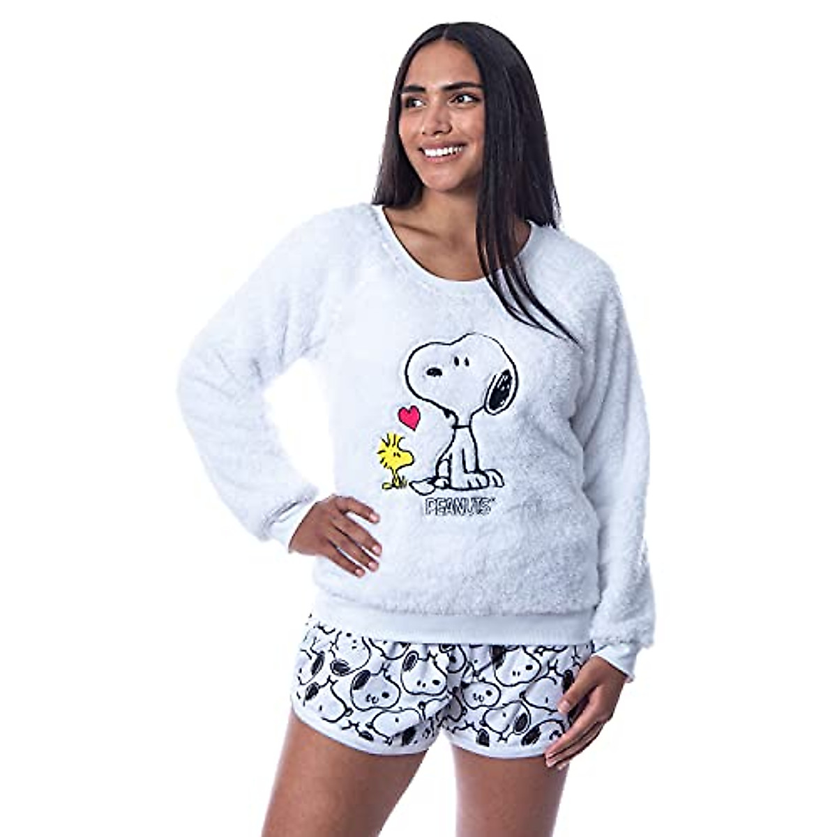 INTIMO Peanuts Womens' Snoopy and Woodstock Sweater and Shorts Sleep Pajama Set (M) White