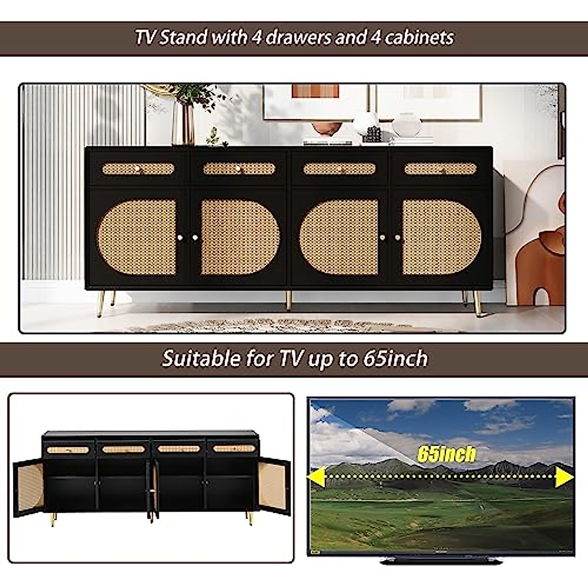 Modern TV Stand with 4 Rattan Doors and 4 Drawers, Entertainment Center for TVs Up to 65", Media Console Table Storage Sideboard Cabinet with Adjustable Shelves for Living Room Bedroom (Black-4R)