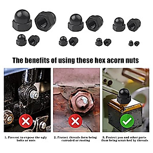 200Pcs Black Nylon Acorn Nut, 7 Sizes Hex Acorn Cap Nuts M3 M4 M5 M6 M8 M10 M12 Nylon Female Thread Bolt Cover Cap Dome Nuts for Protecting Hexagon Shaped Threads Rods Studs and Bolts
