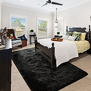 Prabia Super Soft Fluffy Shaggy Rugs 4x5.9 Feet for Living Room Bedroom, Fuzzy Plush Area Rugs for Girls Kids Room Nursery Home Decor, Furry Dorm Rug Cute Non-Slip Indoor Floor Carpet, Black