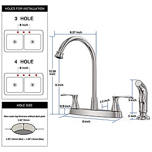 GOWIN Brushed Nickel Kitchen Faucet with Side Sprayer, Two Handle High Arc 4 Holes 8 Inch Centerset Stainless Steel Kitchen Sink Faucet with Pull Out Sprayer,Grifos De Cocina