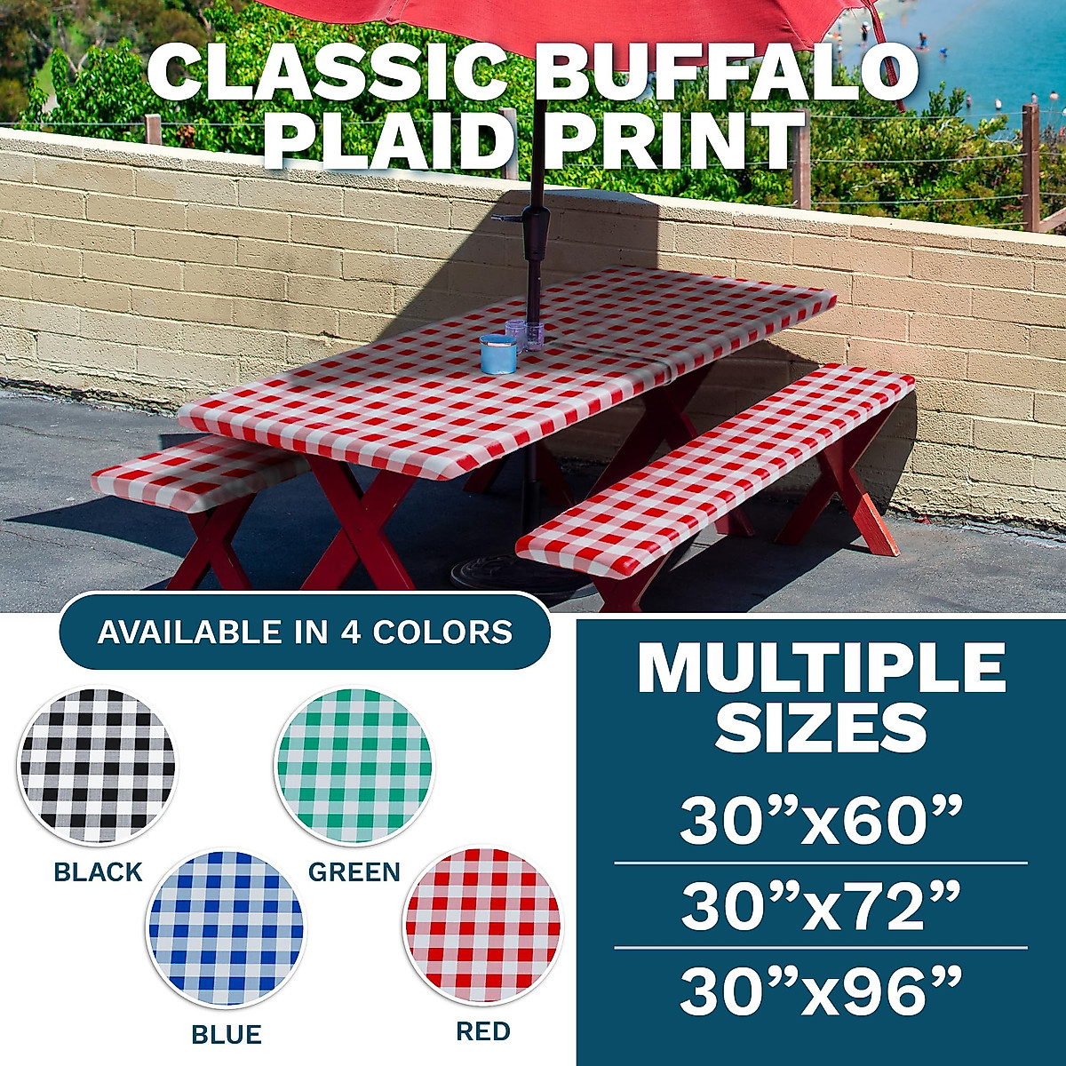 Sorfey Vinyl Umbrella Picnic Table and Bench Fitted Tablecloth Cover, Checkered Design, Flannel Backed Lining, 30x72 Inch, 3-Piece Set, Blue